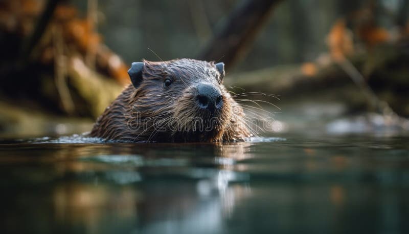 Whiskered Beaver Eating Tree Bark in Pond Generated by AI Stock ...