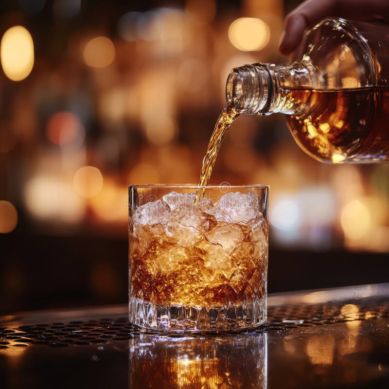 Whiskey Being Poured into a Glass with Ice at a Bar. Stock Image ...