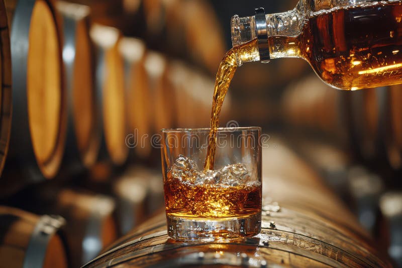Whiskey Being Poured into a Glass in a Rustic Distillery Setting ...