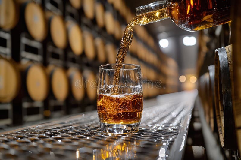 Whiskey Being Poured into a Glass in a Rustic Distillery Setting ...