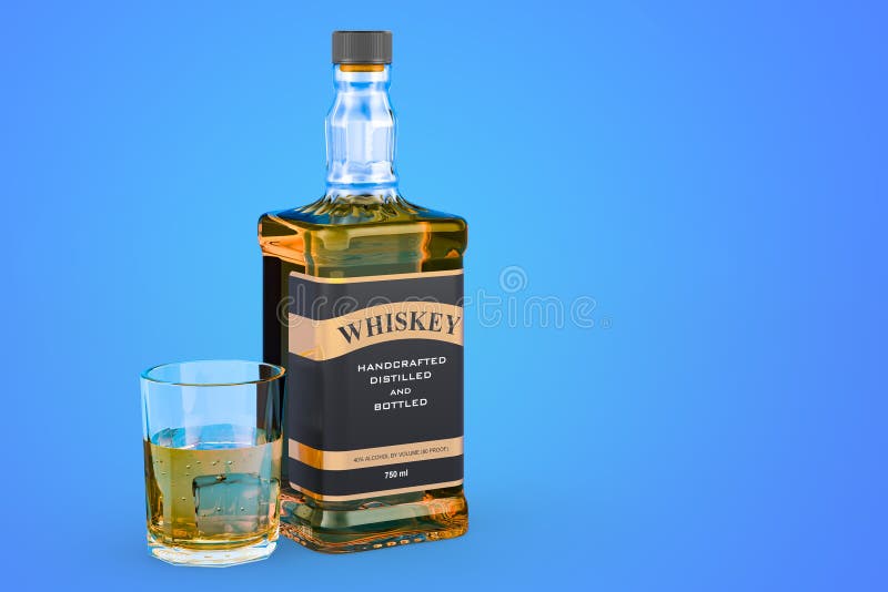 Whiskey Bottle with Full Glass of Whiskey on Blue Background, 3D ... Whiskey Bottle with Full Glass of Whiskey on Blue Background, 3D ...