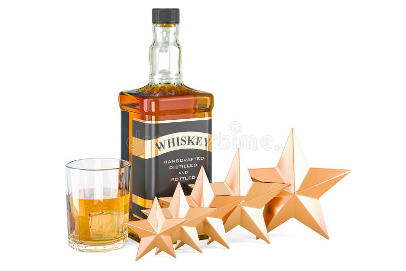 Whiskey Bottle and Full Glass of Whiskey with Five Golden Stars ... Whiskey Bottle and Full Glass of Whiskey with Five Golden Stars ...