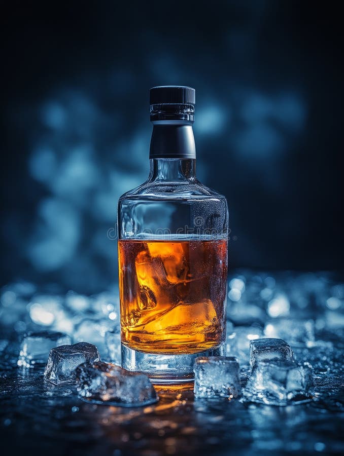 Whiskey Bottle with Ice Cubes on a Cold, Dark Surface. Stock Photo ...