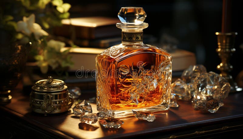 Whiskey Bottle on Table, Glass Reflects Elegance in Luxury Bar ...