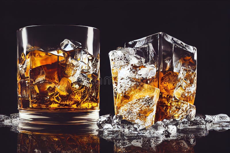 Whiskey Glass with Golden Brandy with Ice Cubes Stock Illustration ...