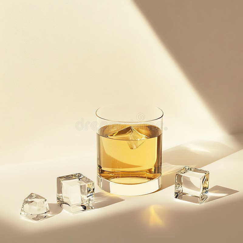 Whiskey Glass with Ice Cubes in Soft Light Ambiance Stock Illustration ...