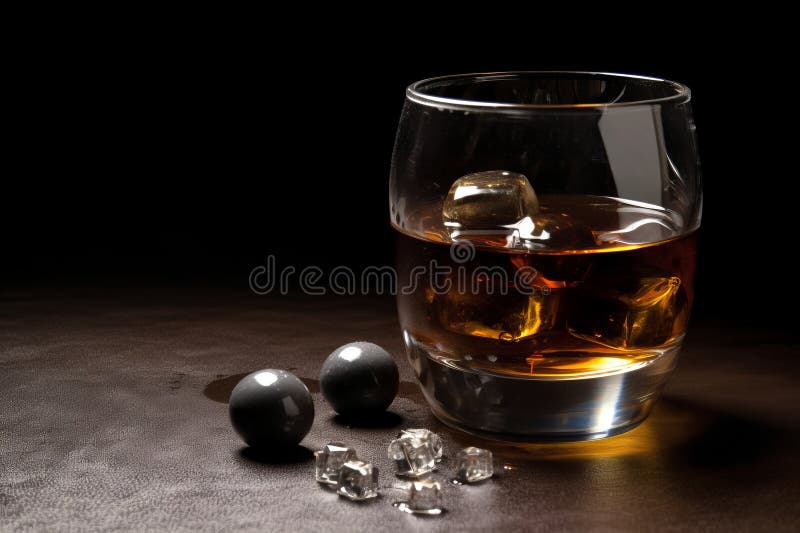 A Whiskey Glass with Ice Spheres and Chilled Stones, on a Dark Textured ...