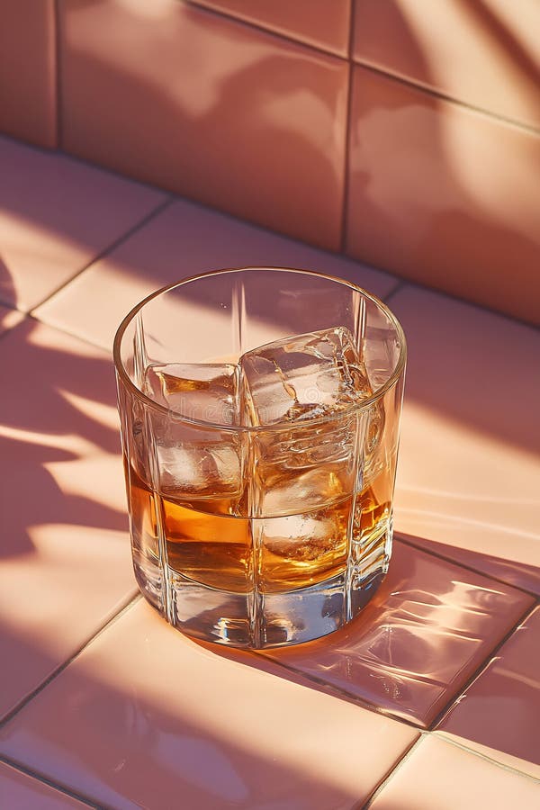 Whiskey glass on pink tile stock image. Image of cocktail - 346145109