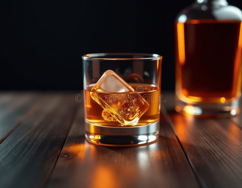 Whiskey on the Rocks in a Rocks Glass with Bottle in Background Stock ...