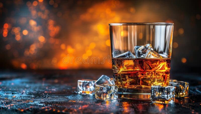 Whiskey on the Rocks Glass with Ice Cubes on Neutral Background for ...