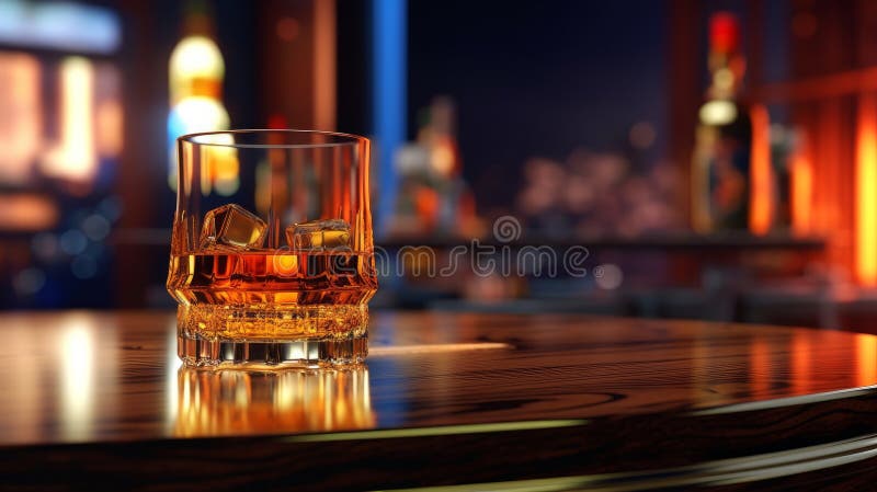 Whiskey on the Rocks with Ice Cubes on Wooden Table in Bar Stock ...