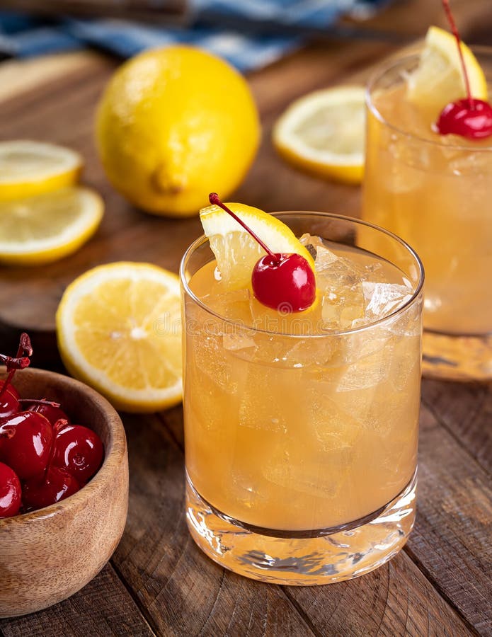 Whiskey Sour Cocktail with Cherry and Lemon Stock Image - Image of ...