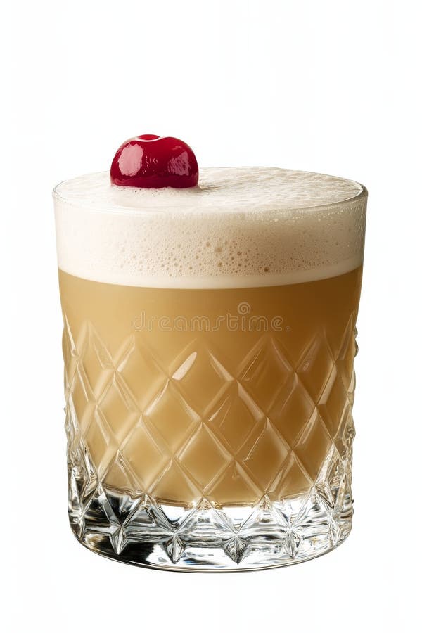 Whiskey Sour Cocktail with Egg White Foam and Cherry Garnish, Isolated ...
