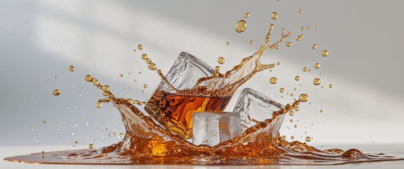 Whiskey Splashing Over Ice with Dynamic Motion in Amber Liquid Stock ...