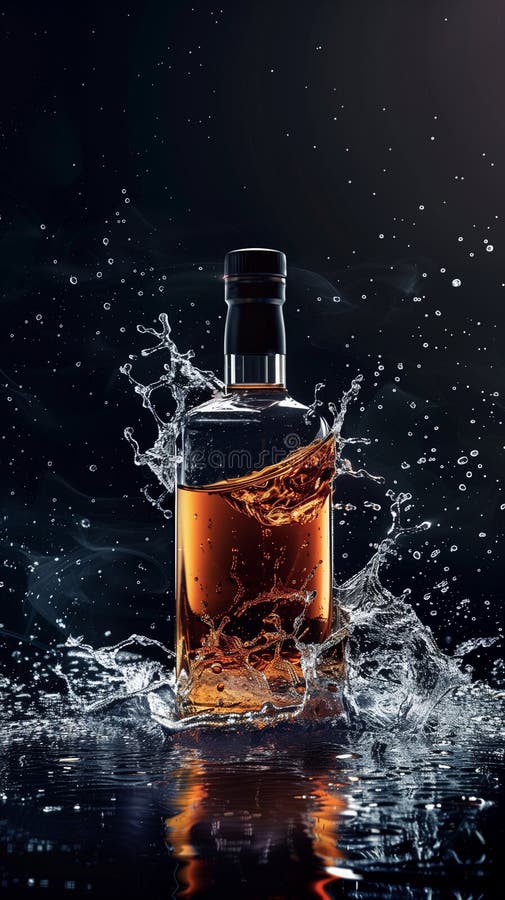 Whisky Bottle Mockup on Dark Background with Liquid Splashes Stock ...