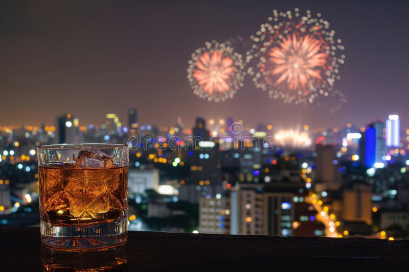 Whisky Glass with Ice, Firework Display Over Cityscape Stock Photo ...