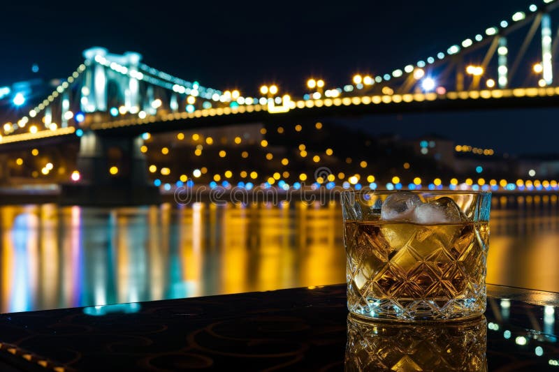 Whisky and Ice on Table, City Bridge Lights at Night Stock Photo ...