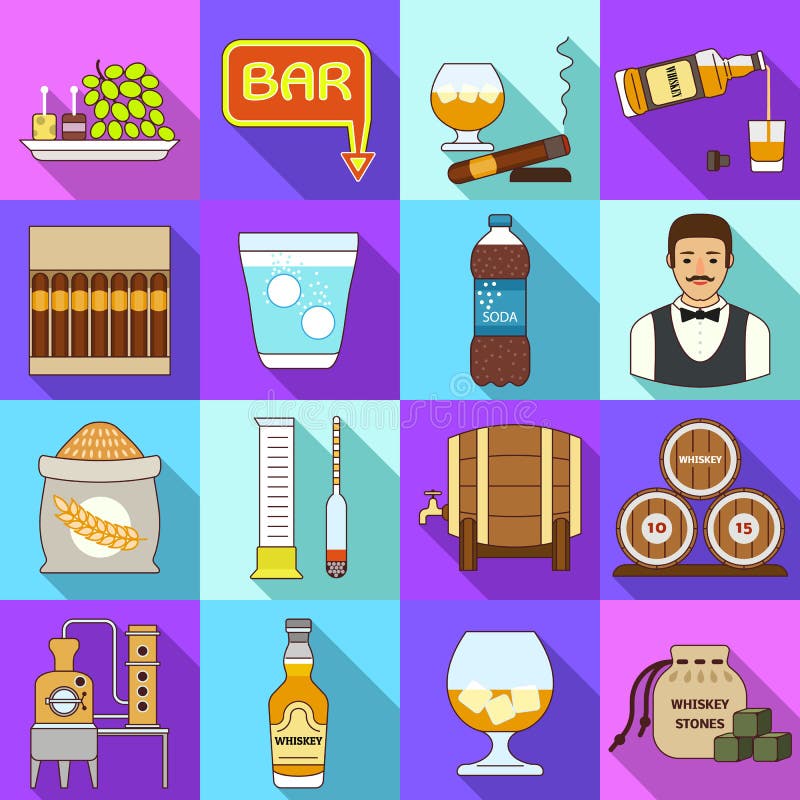 Whisky Icons Set, Flat Style Stock Vector - Illustration of object ...