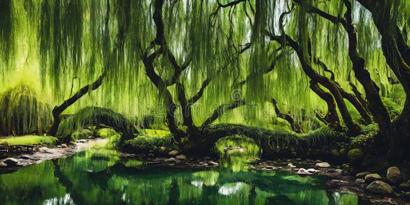 Whispering Willow Grove. Beneath Ancient Willow Trees, Their Long ...