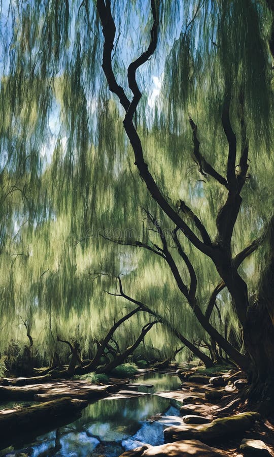 Whispering Willow Grove. Beneath Ancient Willow Trees, Their Long ...