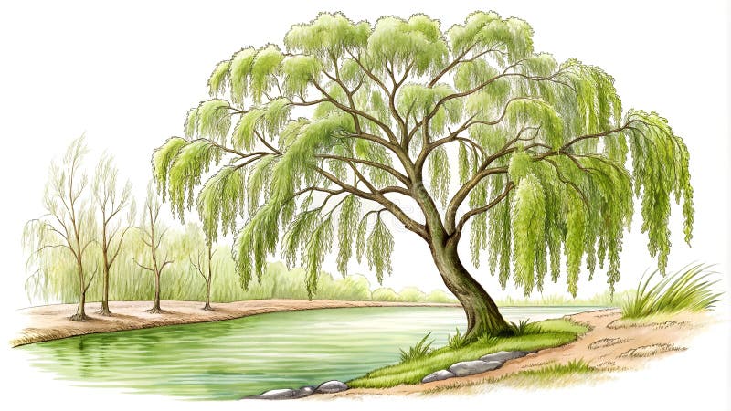 The Whispering Wind: Line Drawing of a Willow Tree by a Stream ...