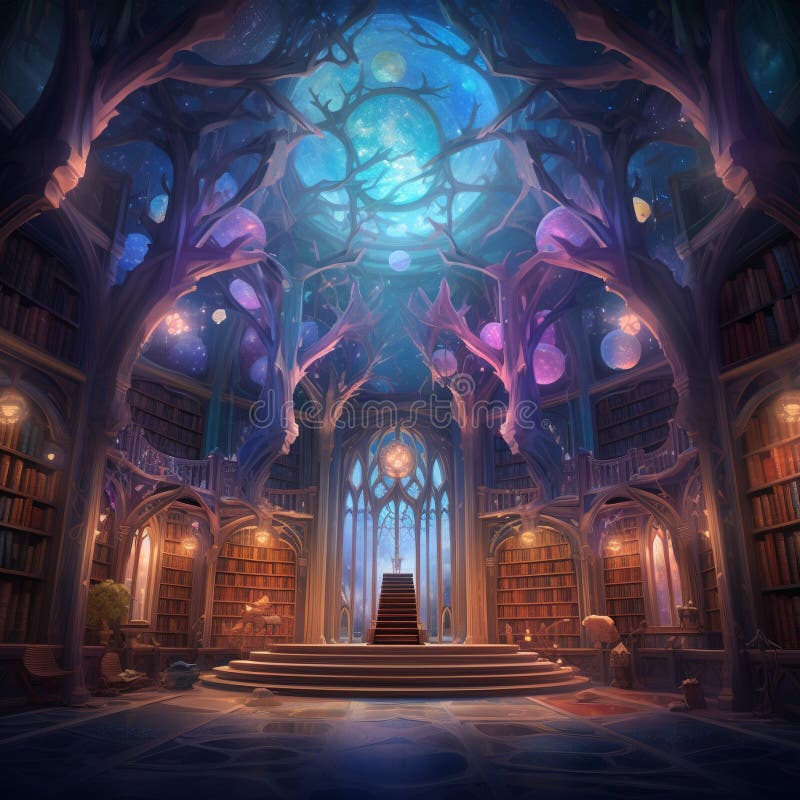 A Mystical Library in a Castle Tower with Spiral Stone Staircases ...