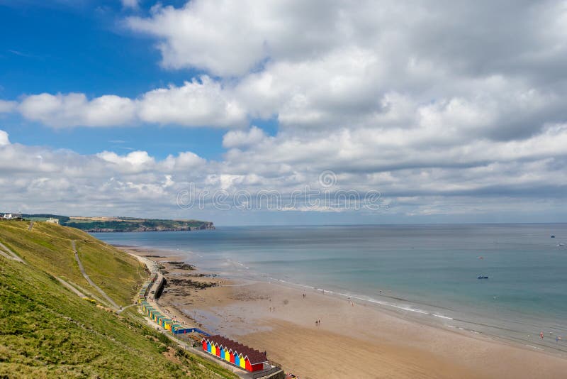 Whitby beach stock image. Image of huts, sandsend, east - 58209575