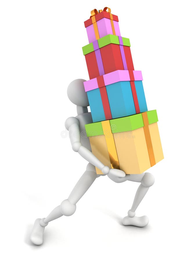 White 3d Man Carries Colorful Gift Box Tower Stock Illustration ...