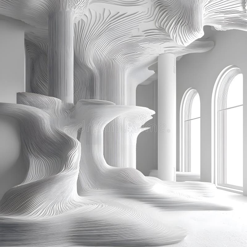 White Abstract Interior Design with Wave Shaped Walls and Ceiling ...