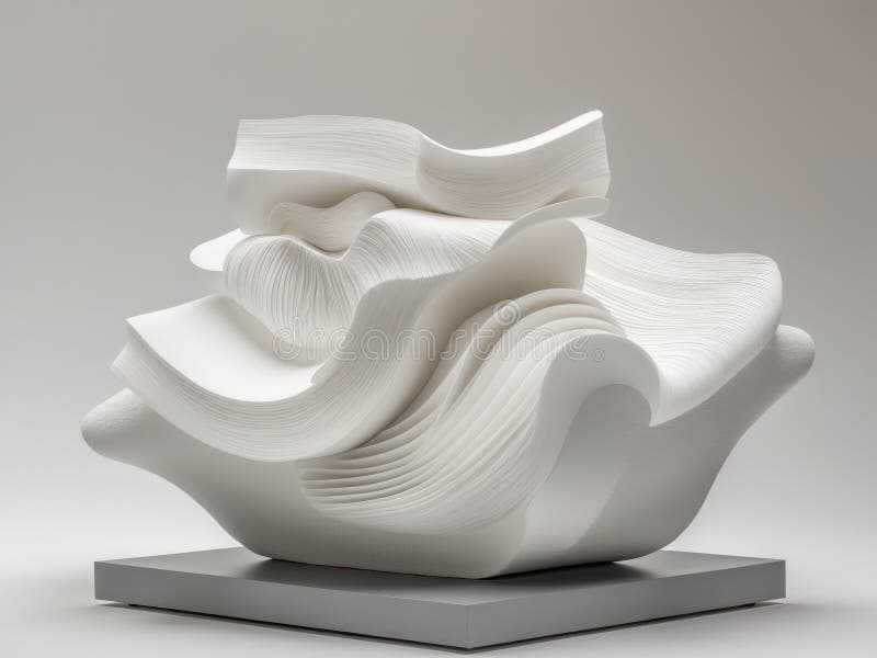A White Abstract Layered Sculpture Rests on a Small Platform Base Stock ...