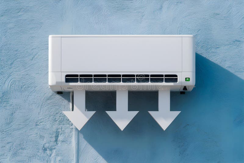 White AC Unit on Light Blue Wall, Three Arrows for Airflow, Small ...
