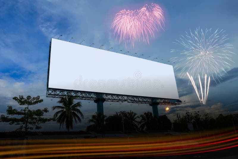 White Advertising Billboard on Sky with Fire Work . Stock Image - Image ...