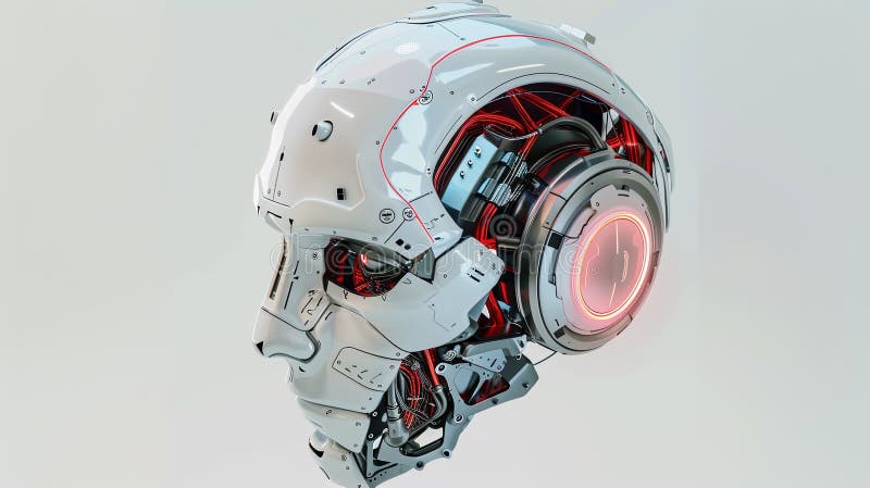 A White AI Robot Head with a Digital Brain Engine Inside, Isolated on a ...