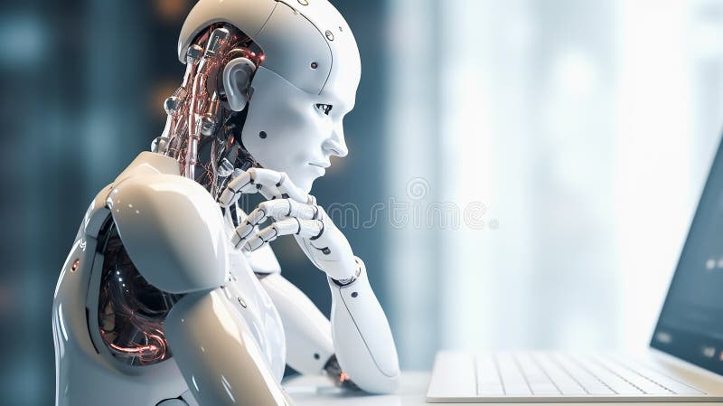 White Ai Robot Think and Looking on Monitor Creen Computer Working, High-tech Artificial ...