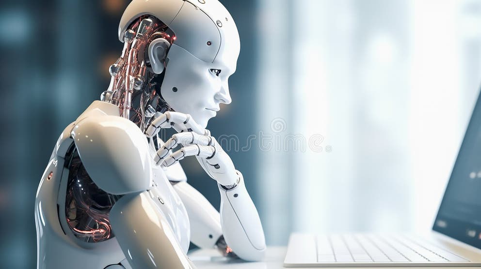 White Ai Robot Think and Looking on Monitor Creen Computer Working ...
