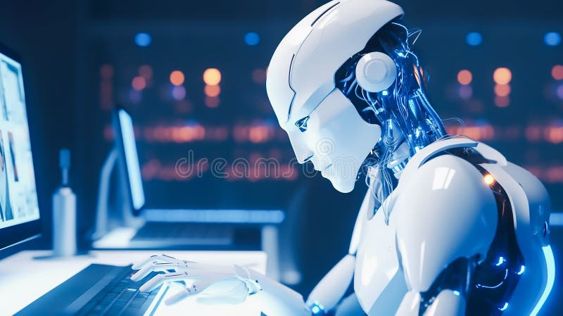 White Ai Robot Think and Looking on Monitor Creen Computer Working, High-tech Artificial ...