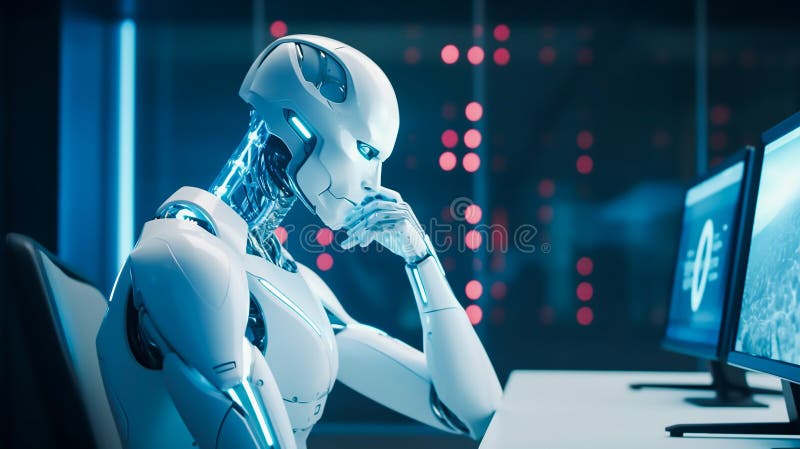 Artificial Intelligence, White AI Robot Thinking and Looking Big Screen Monitor of Big Data on ...