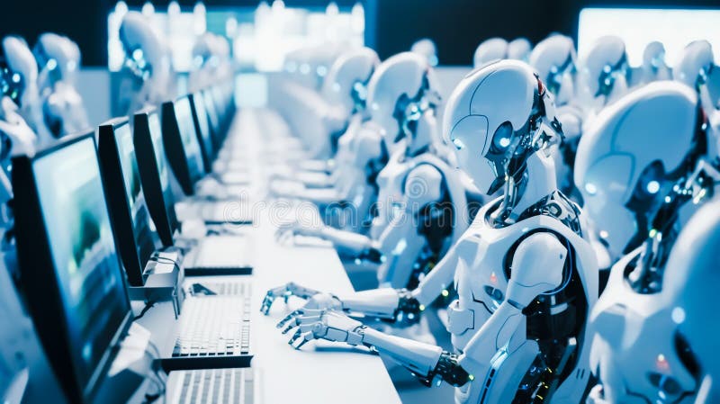 White Ai Robot Working and Looking on Monitor Creen Computer Lab, High-tech Artificial ...
