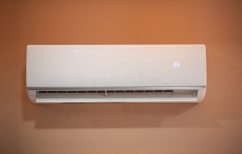 White Air Conditioner on Colorful Wall Room Interior Background Stock ...