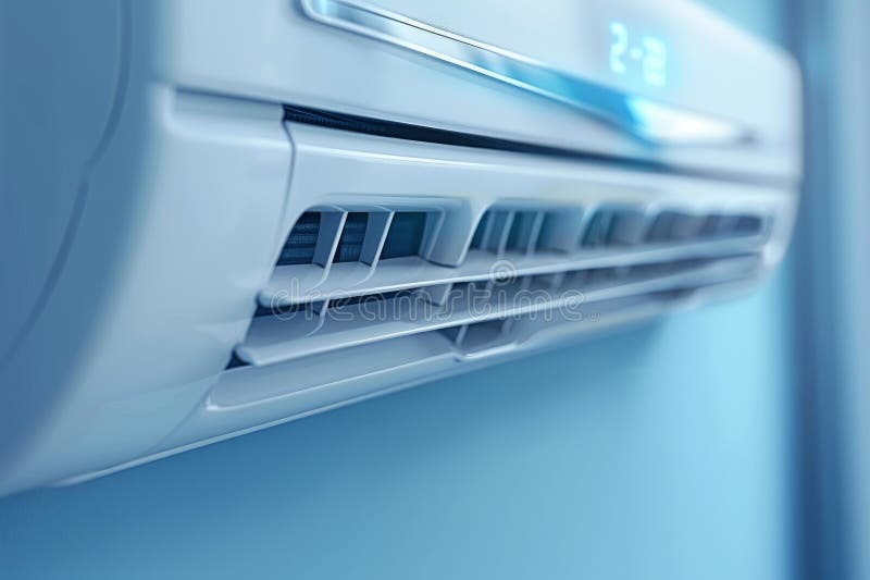 White Air Conditioner Hanging on a Blue Wall Cooling a Room Stock Photo ...
