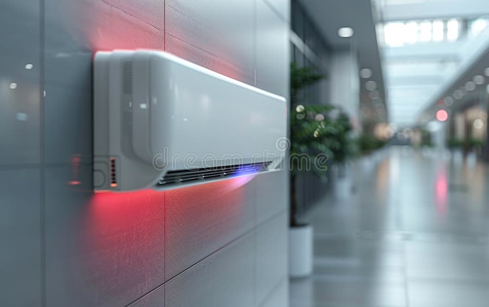 A White Air Conditioner with Red Lights on it Stock Photo - Image of ...