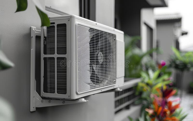 A White Air Conditioner Unit with a Fan on the Side Stock Photo - Image ...