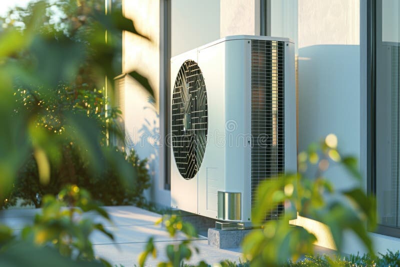 White Air Conditioner Unit Sits Outside Building Stock Photos - Free ...