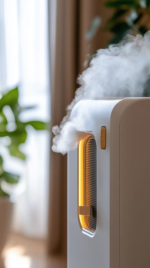 White Air Purifier Releasing Mist in Bright Indoor Setting Stock ...