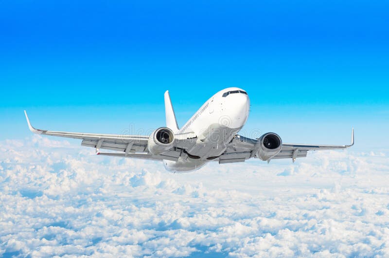 White Airplane Flies Climbs Height, Flight Level High in the Sky Above ...