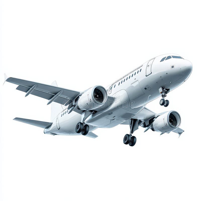 White Airplane in Flight Landing Gear Down Isolated on White Background ...