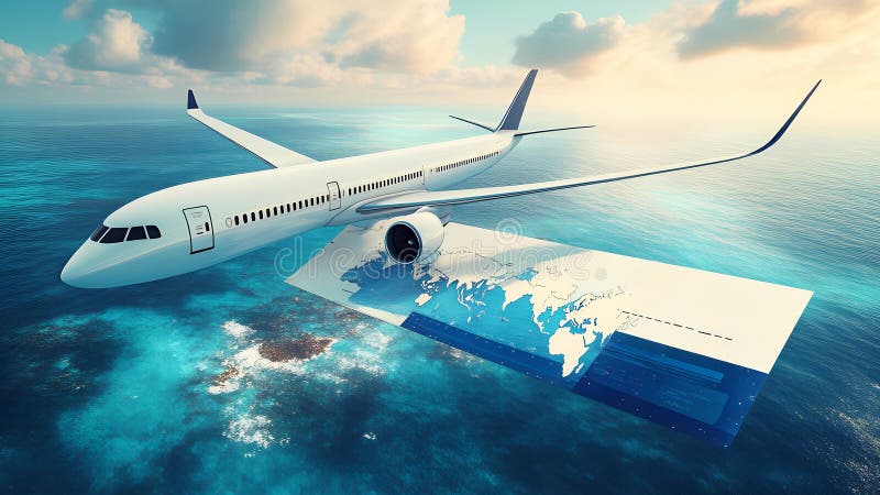 A White Airplane is Flying Over the Ocean Stock Illustration ...