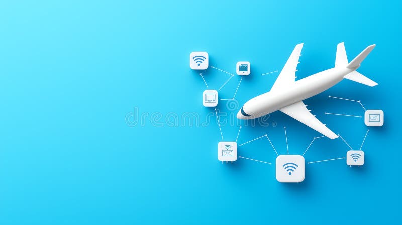 White Airplane Model with Wireless Network Icons on a Blue Background ...