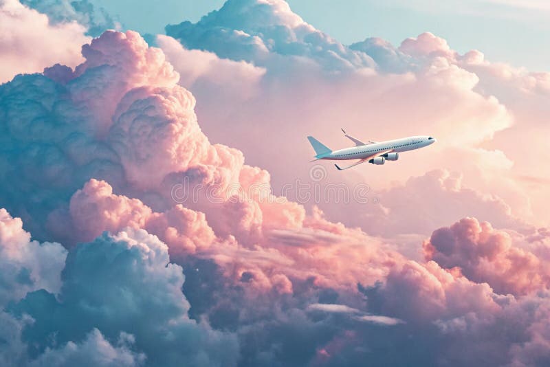 White Airplane Soaring Above Pastel Pink Blue Clouds Dreamlike Flight ...