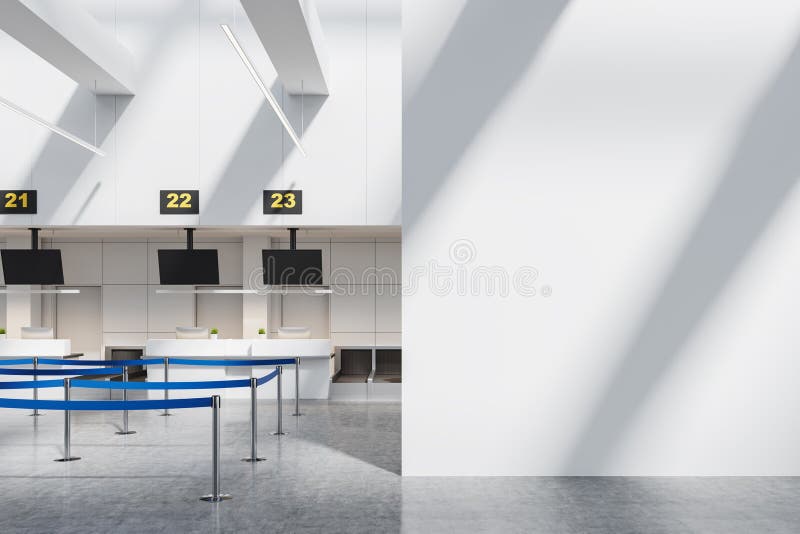 White Airport Interior with Check-in Registration Desk, Mockup Empty ...